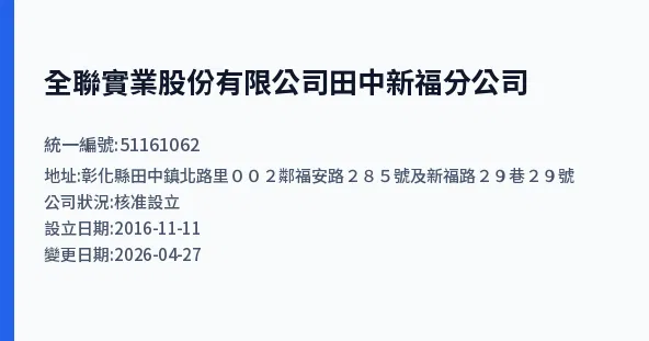 全聯實業股份有限公司田中新福分公司的照片-統編 51161062(彰化縣) 公司登記資料與營業項目詳細圖表