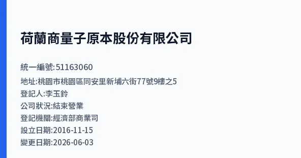 荷蘭商量子原本股份有限公司的照片-統編 51163060(桃園市) 公司登記資料與營業項目詳細圖表