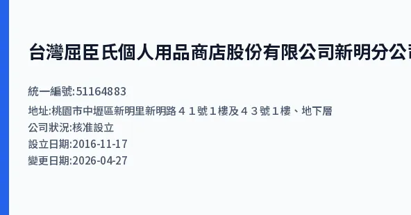 台灣屈臣氏個人用品商店股份有限公司新明分公司的照片-統編 51164883(桃園市) 公司登記資料與營業項目詳細圖表