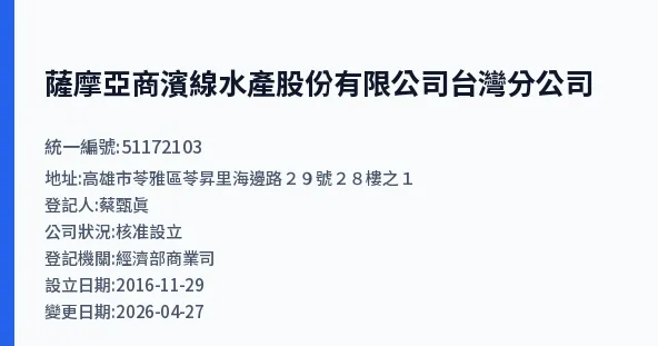 薩摩亞商濱線水產股份有限公司台灣分公司的照片-統編 51172103(高雄市) 公司登記資料與營業項目詳細圖表