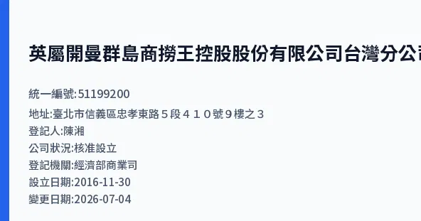 英屬開曼群島商撈王控股股份有限公司台灣分公司的照片-統編 51199200(臺北市) 公司登記資料與營業項目詳細圖表