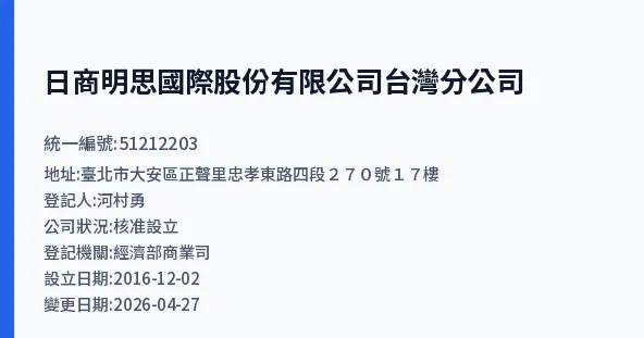 日商明思國際股份有限公司台灣分公司的照片-統編 51212203(臺北市) 公司登記資料與營業項目詳細圖表