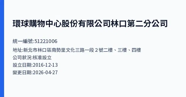 環球購物中心股份有限公司林口第二分公司的照片-統編 51221006(新北市) 公司登記資料與營業項目詳細圖表
