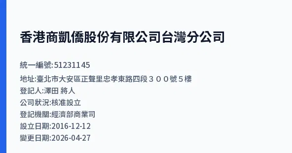 香港商凱僑股份有限公司台灣分公司的照片-統編 51231145(臺北市) 公司登記資料與營業項目詳細圖表