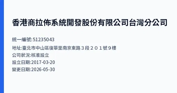 香港商拉佈系統開發股份有限公司台灣分公司的照片-統編 51235043(臺北市) 公司登記資料與營業項目詳細圖表