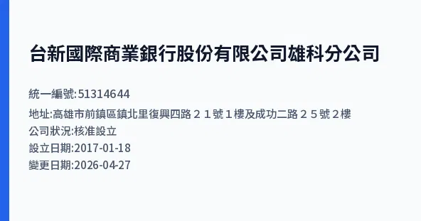 台新國際商業銀行股份有限公司雄科分公司的照片-統編 51314644(高雄市) 公司登記資料與營業項目詳細圖表