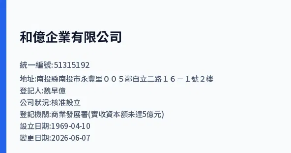 和億企業有限公司的照片-統編 51315192(南投縣) 公司登記資料與營業項目詳細圖表
