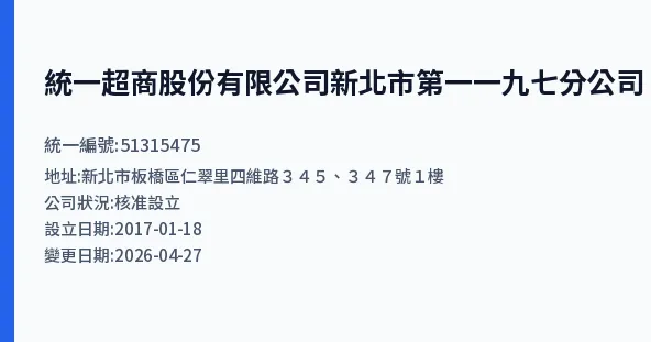 統一超商股份有限公司新北市第一一九七分公司的照片-統編 51315475(新北市) 公司登記資料與營業項目詳細圖表