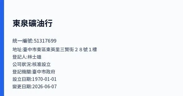 東泉礦油行的照片-統編 51317699(臺中市) 公司登記資料與營業項目詳細圖表