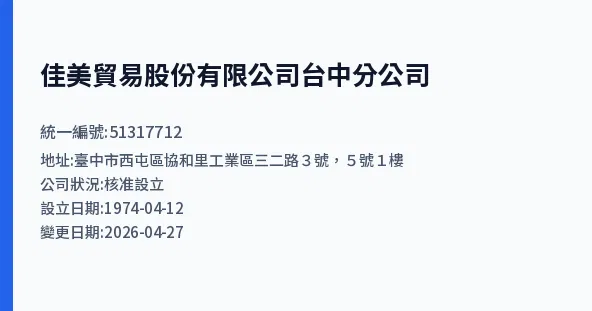 佳美貿易股份有限公司台中分公司的照片-統編 51317712(臺中市) 公司登記資料與營業項目詳細圖表