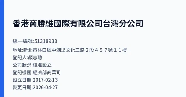 香港商勝維國際有限公司台灣分公司的照片-統編 51318938(新北市) 公司登記資料與營業項目詳細圖表