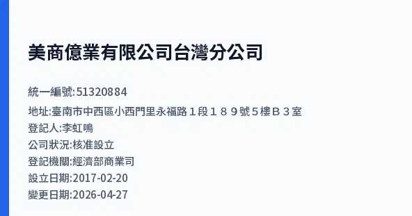 美商億業有限公司台灣分公司的照片-統編 51320884(臺南市) 公司登記資料與營業項目詳細圖表