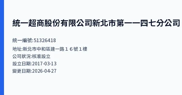 統一超商股份有限公司新北市第一一四七分公司的照片-統編 51326418(新北市) 公司登記資料與營業項目詳細圖表
