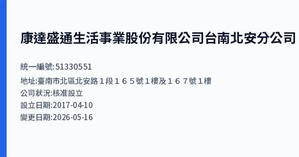 康達盛通生活事業股份有限公司台南北安分公司的照片-統編 51330551(臺南市) 公司登記資料與營業項目詳細圖表