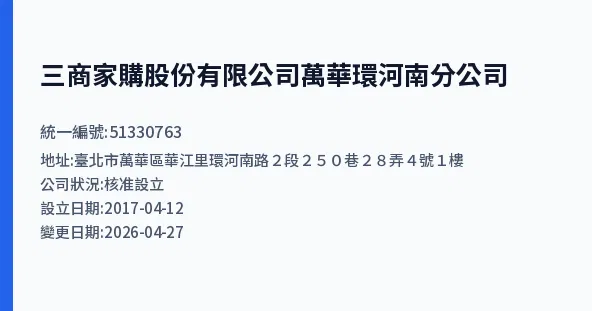 三商家購股份有限公司萬華環河南分公司的照片-統編 51330763(臺北市) 公司登記資料與營業項目詳細圖表