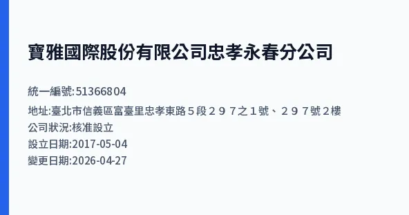寶雅國際股份有限公司忠孝永春分公司的照片-統編 51366804(臺北市) 公司登記資料與營業項目詳細圖表
