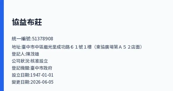 協益布莊的照片-統編 51378908(臺中市) 公司登記資料與營業項目詳細圖表