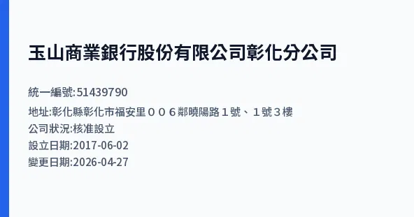 玉山商業銀行股份有限公司彰化分公司的照片-統編 51439790(彰化縣) 公司登記資料與營業項目詳細圖表