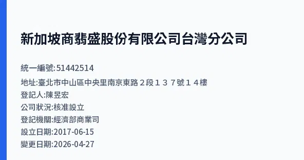 新加坡商翡盛股份有限公司台灣分公司的照片-統編 51442514(臺北市) 公司登記資料與營業項目詳細圖表