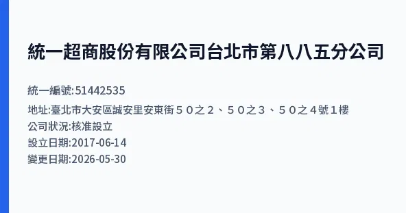 統一超商股份有限公司台北市第八八五分公司的照片-統編 51442535(臺北市) 公司登記資料與營業項目詳細圖表
