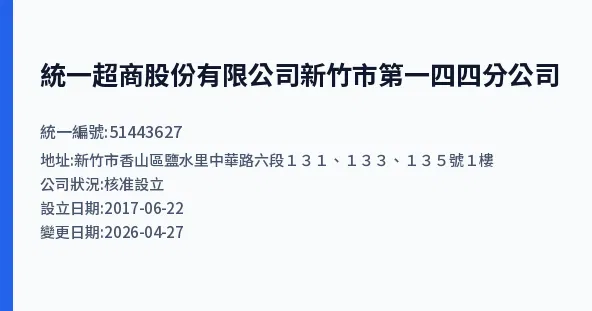 統一超商股份有限公司新竹市第一四四分公司的照片-統編 51443627(新竹市) 公司登記資料與營業項目詳細圖表
