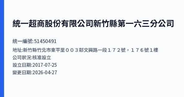 統一超商股份有限公司新竹縣第一六三分公司的照片-統編 51450491(新竹縣) 公司登記資料與營業項目詳細圖表