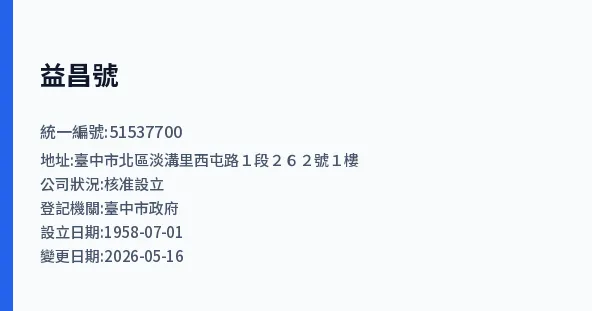 益昌號的照片-統編 51537700(臺中市) 公司登記資料與營業項目詳細圖表