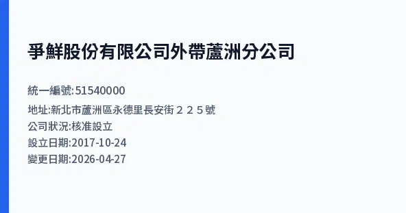 爭鮮股份有限公司外帶蘆洲分公司的照片-統編 51540000(新北市) 公司登記資料與營業項目詳細圖表