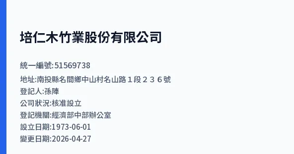 培仁木竹業股份有限公司的照片-統編 51569738(南投縣) 公司登記資料與營業項目詳細圖表