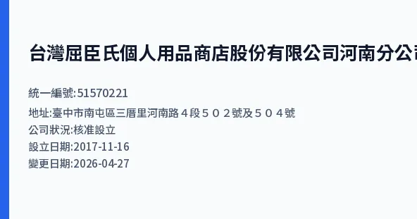 台灣屈臣氏個人用品商店股份有限公司河南分公司的照片-統編 51570221(臺中市) 公司登記資料與營業項目詳細圖表
