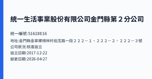 統一生活事業股份有限公司金門縣第2分公司的照片-統編 51618816(金門縣) 公司登記資料與營業項目詳細圖表