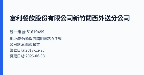 富利餐飲股份有限公司新竹關西外送分公司的照片-統編 51619499(新竹縣) 公司登記資料與營業項目詳細圖表