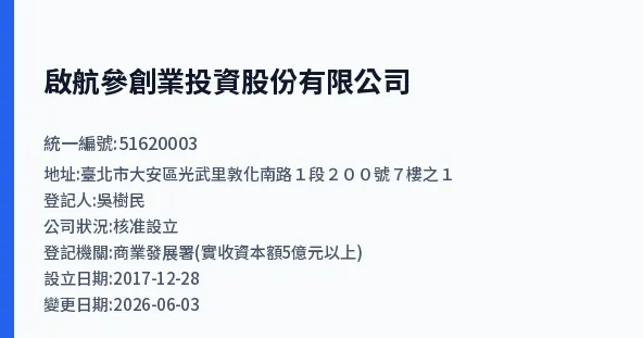 啟航參創業投資股份有限公司的照片-統編 51620003(臺北市) 公司登記資料與營業項目詳細圖表
