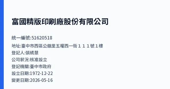 富國精版印刷廠股份有限公司的照片-統編 51620518(臺中市) 公司登記資料與營業項目詳細圖表