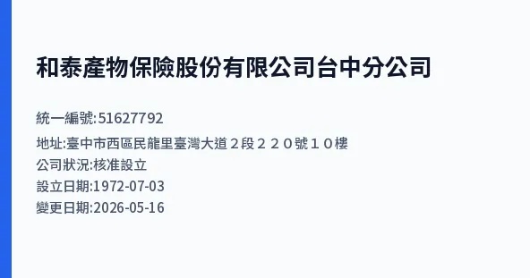 和泰產物保險股份有限公司台中分公司的照片-統編 51627792(臺中市) 公司登記資料與營業項目詳細圖表