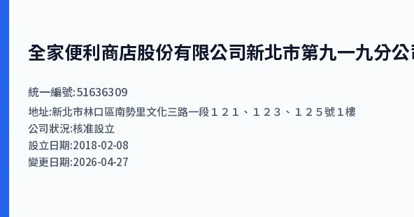 全家便利商店股份有限公司新北市第九一九分公司的照片-統編 51636309(新北市) 公司登記資料與營業項目詳細圖表