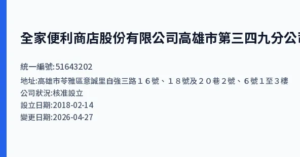 全家便利商店股份有限公司高雄市第三四九分公司的照片-統編 51643202(高雄市) 公司登記資料與營業項目詳細圖表