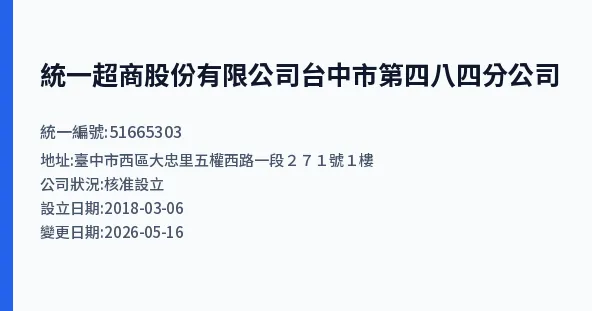 統一超商股份有限公司台中市第四八四分公司的照片-統編 51665303(臺中市) 公司登記資料與營業項目詳細圖表