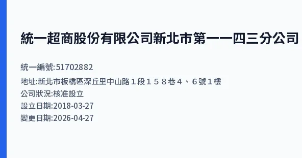 統一超商股份有限公司新北市第一一四三分公司的照片-統編 51702882(新北市) 公司登記資料與營業項目詳細圖表