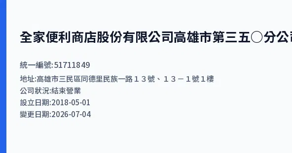 全家便利商店股份有限公司高雄市第三五○分公司的照片-統編 51711849(高雄市) 公司登記資料與營業項目詳細圖表