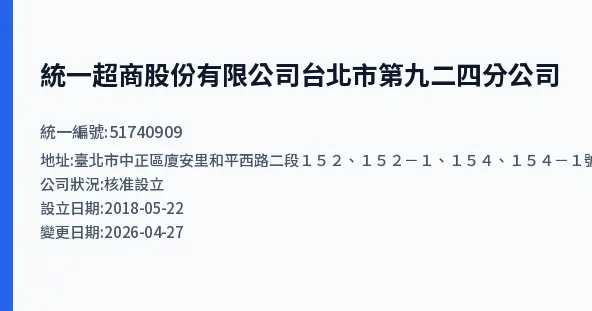 統一超商股份有限公司台北市第九二四分公司的照片-統編 51740909(臺北市) 公司登記資料與營業項目詳細圖表