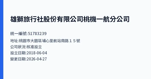 雄獅旅行社股份有限公司桃機一航分公司的照片-統編 51783239(桃園市) 公司登記資料與營業項目詳細圖表