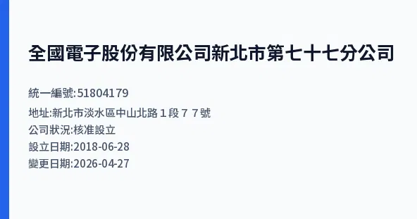全國電子股份有限公司新北市第七十七分公司的照片-統編 51804179(新北市) 公司登記資料與營業項目詳細圖表