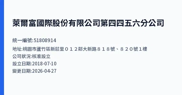 萊爾富國際股份有限公司第四四五六分公司的照片-統編 51808914(桃園市) 公司登記資料與營業項目詳細圖表