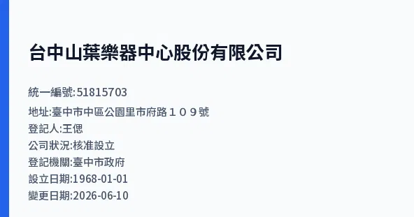 台中山葉樂器中心股份有限公司的照片-統編 51815703(臺中市) 公司登記資料與營業項目詳細圖表