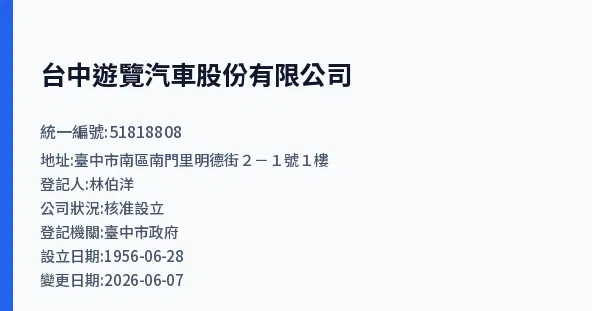 台中遊覽汽車股份有限公司的照片-統編 51818808(臺中市) 公司登記資料與營業項目詳細圖表