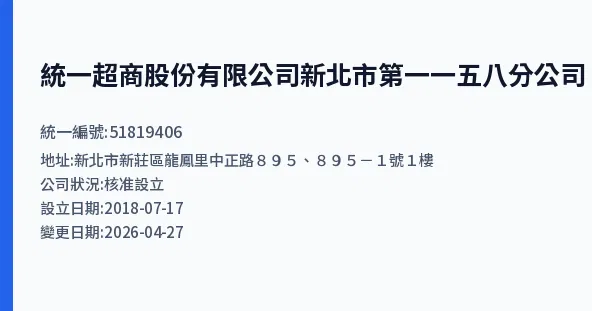 統一超商股份有限公司新北市第一一五八分公司的照片-統編 51819406(新北市) 公司登記資料與營業項目詳細圖表