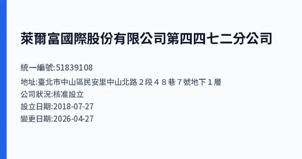 萊爾富國際股份有限公司第四四七二分公司的照片-統編 51839108(臺北市) 公司登記資料與營業項目詳細圖表