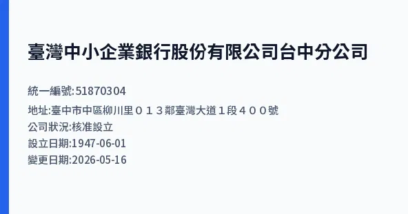 臺灣中小企業銀行股份有限公司台中分公司的照片-統編 51870304(臺中市) 公司登記資料與營業項目詳細圖表