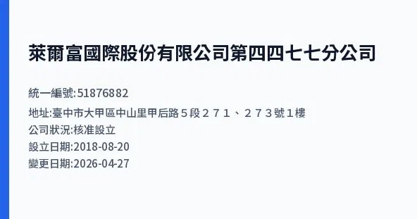 萊爾富國際股份有限公司第四四七七分公司的照片-統編 51876882(臺中市) 公司登記資料與營業項目詳細圖表